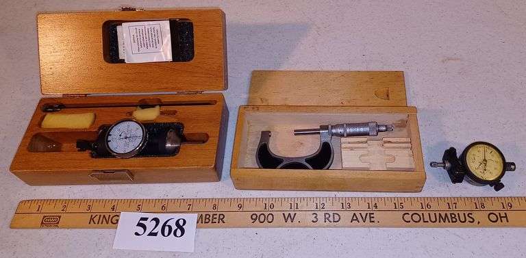 Blake coaxial dial indicator in wood box, Scherr micrometer, Starrett ...
