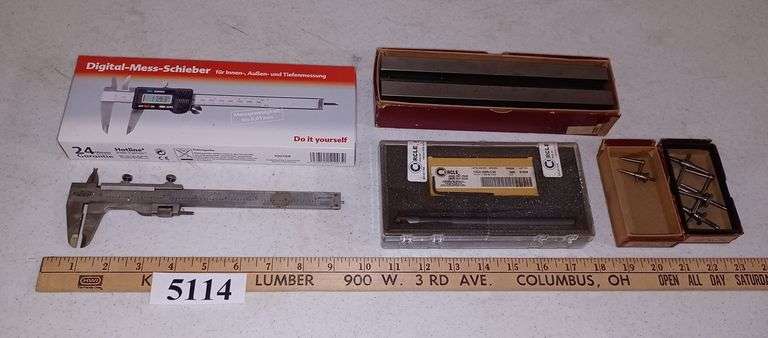 Starrett base and attachments in box, Mitutoyo and German calipers ...
