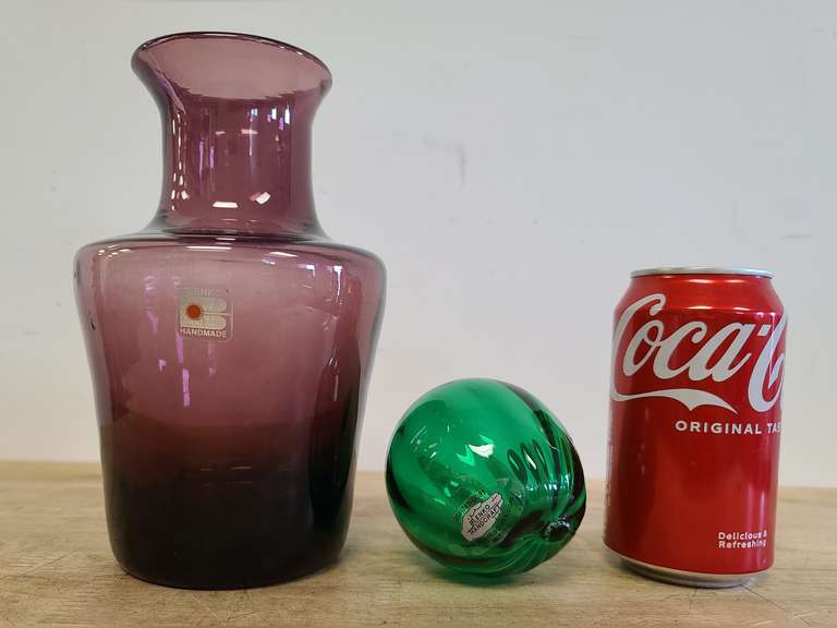 Blenko purple glass vase. Blenko green glass apple.