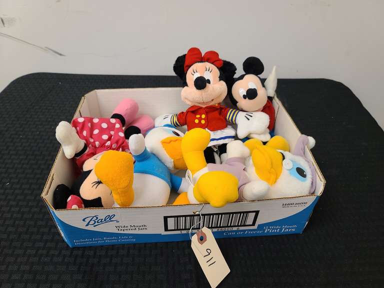 Box of Disney plush characters. Including Mickey Mouse "Mickey 1999 ...