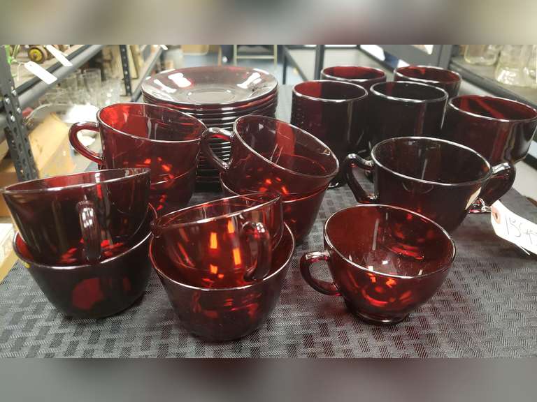Ruby red cups, saucers and glasses