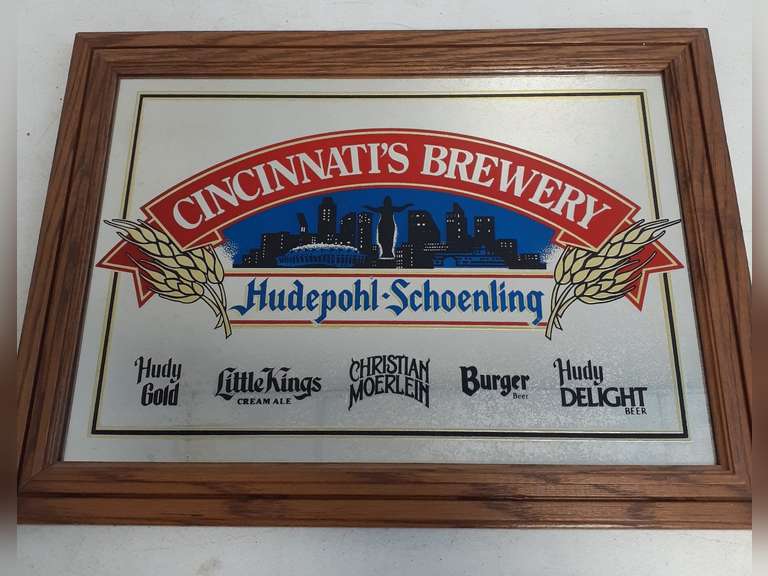 Hudepohl-Schoenling Cincinnati's Brewery Mirrored Beer Sign, 16"×21"