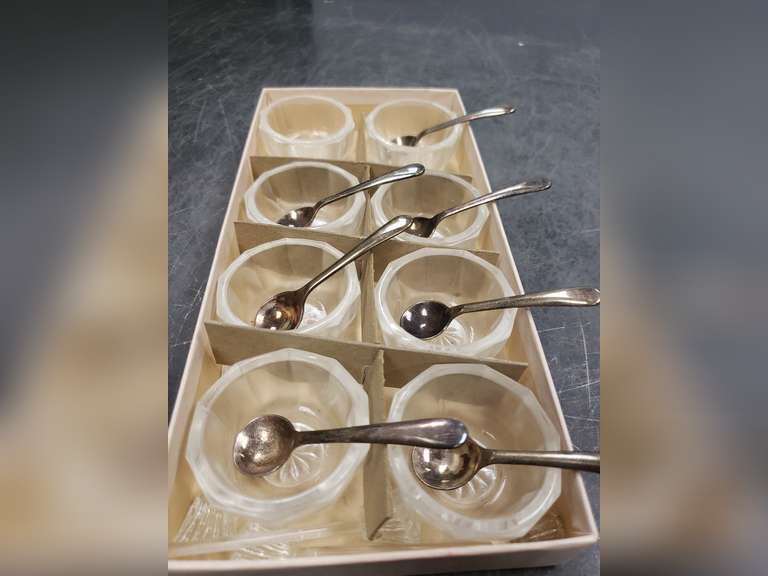 8 Glass salt cellars with spoons EPMS made in England - Northern ...