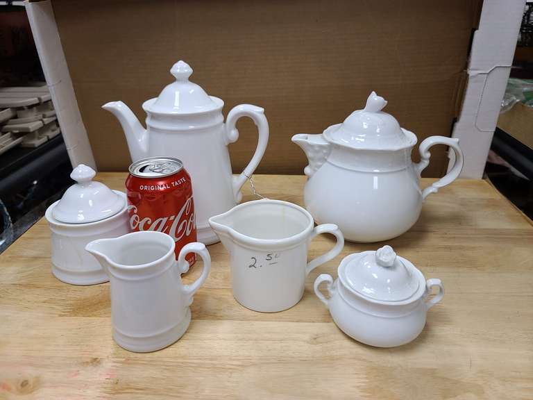 White tea set with cream & sugar. White coffee set with cream & sugar.
