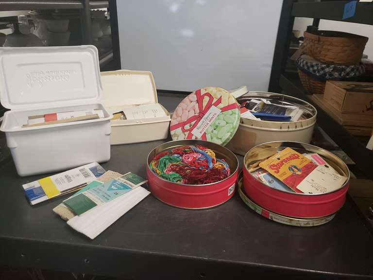 3 Sewing notions tins and 2 plastic container sewing notions - Northern ...