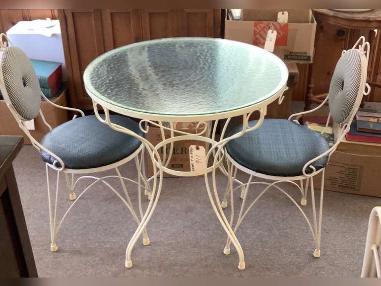 Metal Ice cream parlor chairs and glass top table. Table is 30” x 29.5 ...