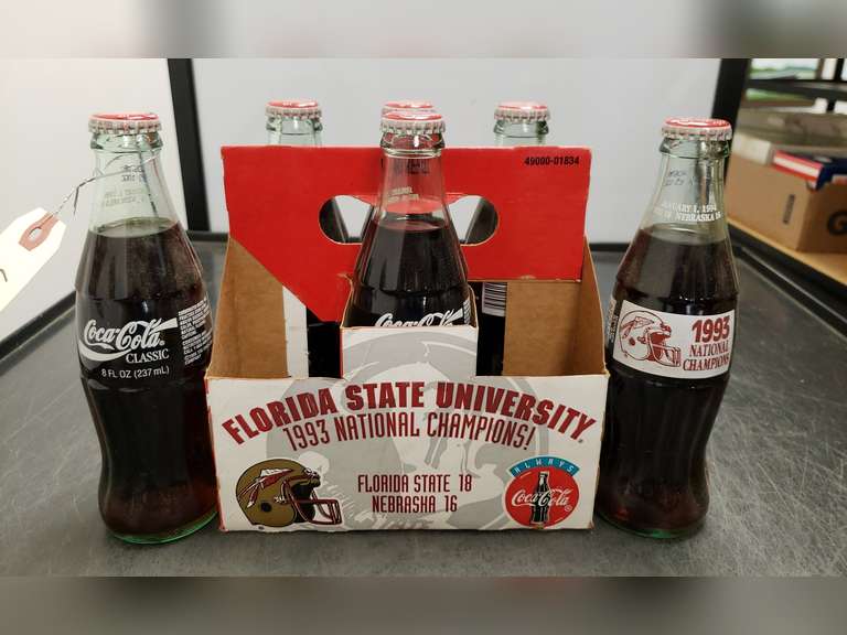 1993 Florida State Champions commemorative Coca-Cola bottles and carton ...