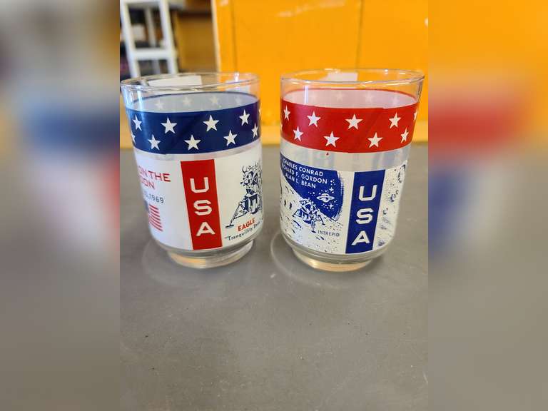 2 NASA Explorer promo drinking glasses. Apollo 11 glass. Apollo 12 glass.