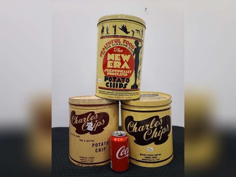 2 Charles Chips 16oz cans. 1 The New Era Potato Chip one pound can.