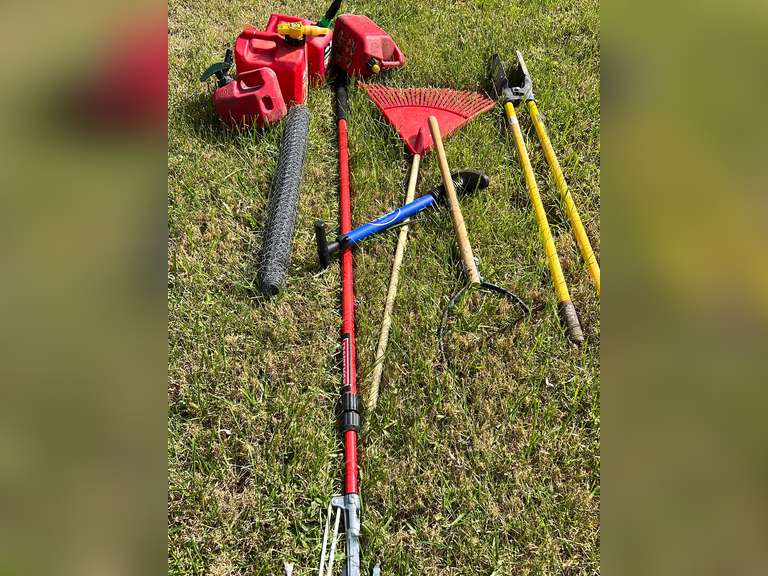 pole trimmer, leaf rake, post hole diggers, Weedwhacker, 4 gas cans ...