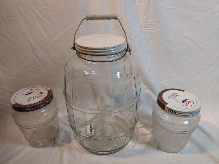 3 Barrel Jars 1 large pickle jar & 2 Hearing Vita jars