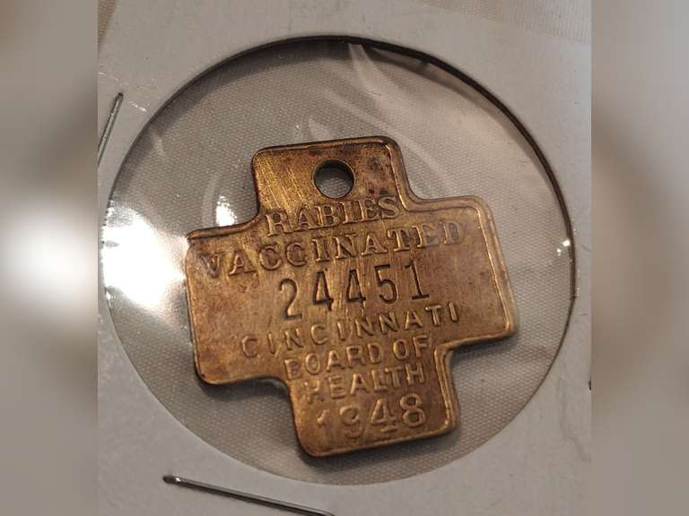 1948 Cincinnati rabies Vaccinated brass tag - Northern Kentucky Auction ...