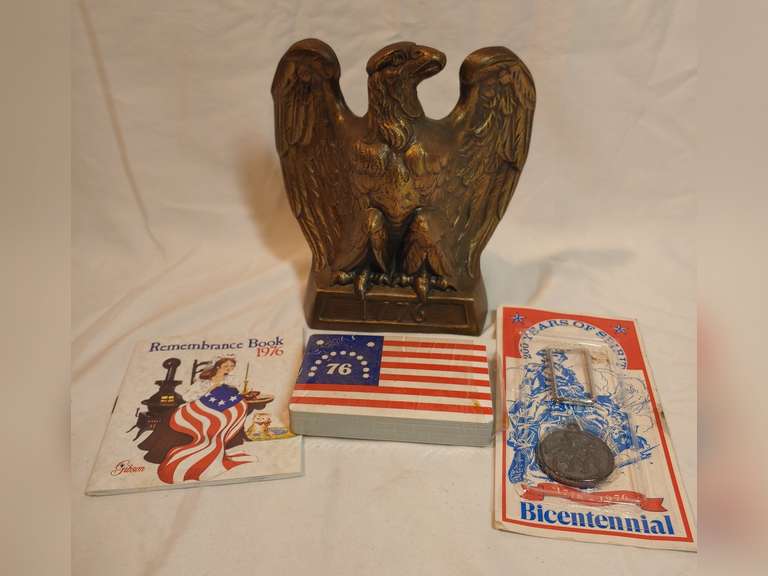 1976 Patriotic items-metal eagle statue, on open cards, on opened 1976 ...