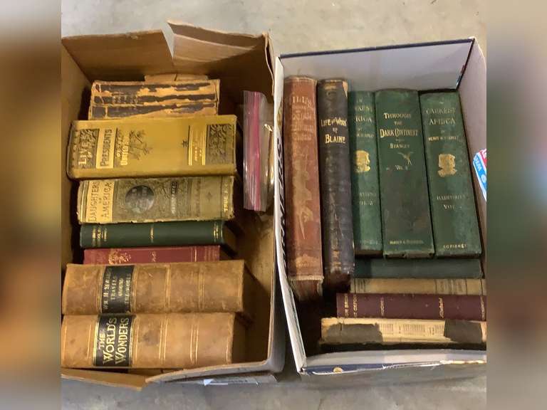 Two boxes of books with various topics and authors.