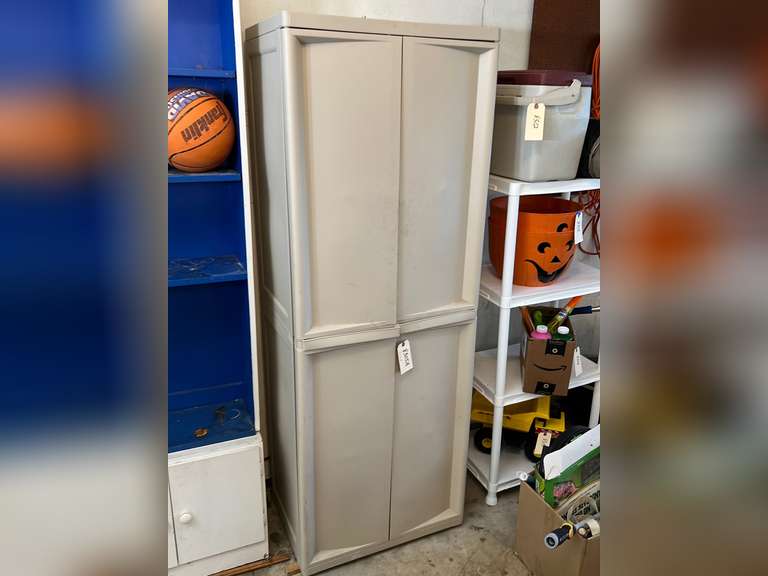 Two door plastic storage cabinet, 26” x 18” x 70”