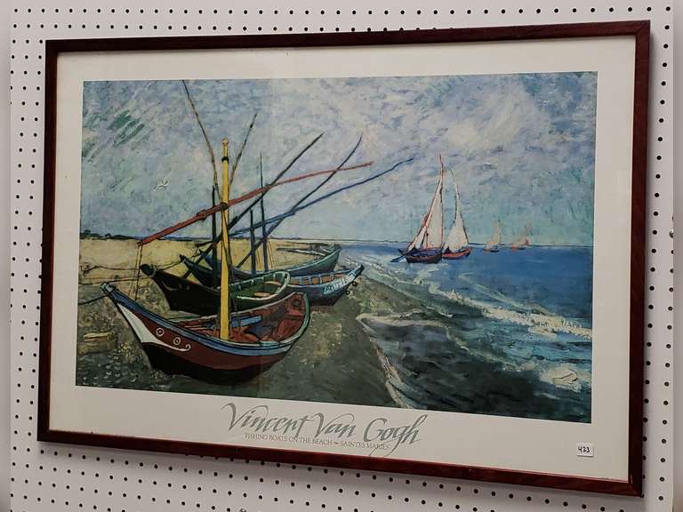 Framed print of Vincent Van Gogh Fishing Boats on the Beach, 37x25in