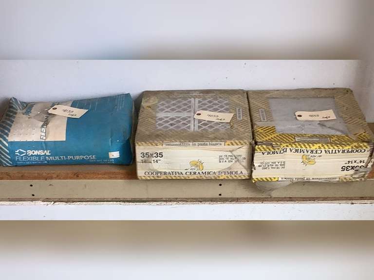 50 lb bag of Bonsal thin set and 2 cartons of ceramic tile. 14” x 14 ...