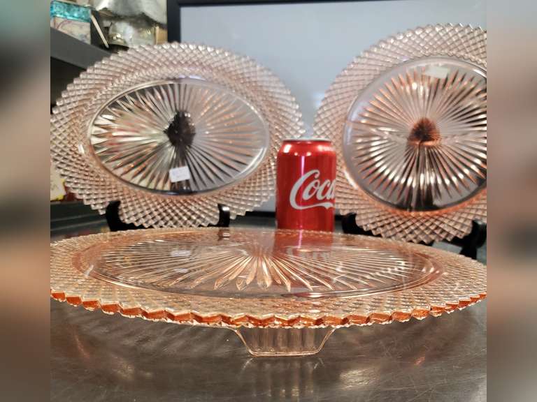 Anchor Hocking pink Miss America cake plate, divided dish and oval platter