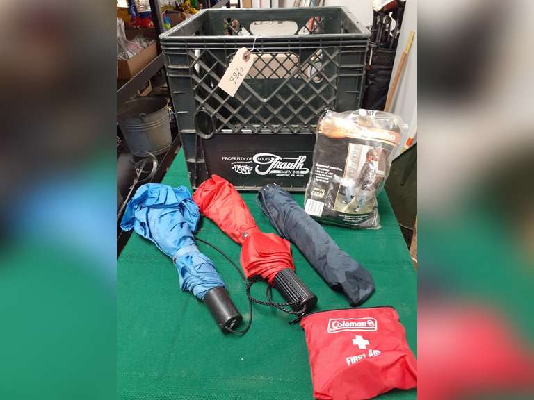 Trauth Dairy Milk Crate w/ Umbrellas, Poncho & First Aid Kit