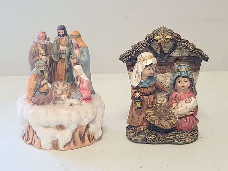 Ceramic nativity music box - lighted resin nativity set - BOTH WORK