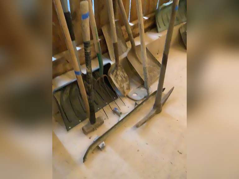 Snow shovel, sledge, pitch fork, shovels, concrete hoe, large rubber ...