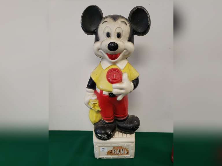 Mickey Mouse blow mold bank, has damage