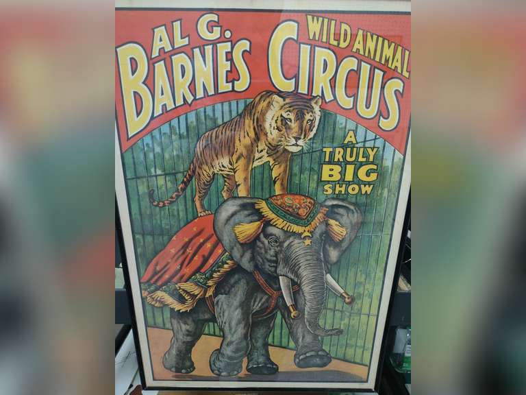 Framed Al G. Barnes Wild Animal Circus poster, approximately 14"X19".
