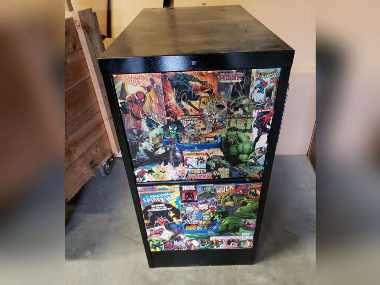 2 Drawer metal filing cabinet with comic book covers glued to front ...