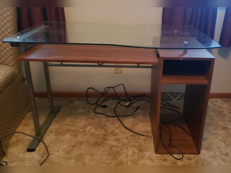 Glass Top Computer Desk w/ Storage Cubbies & Pullout Keyboard Shelf