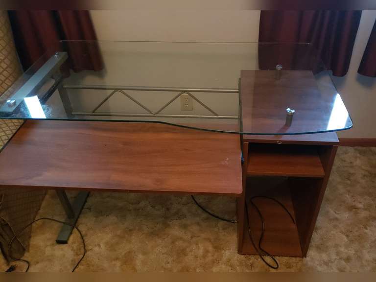 Glass Top Computer Desk w/ Storage Cubbies & Pullout Keyboard Shelf