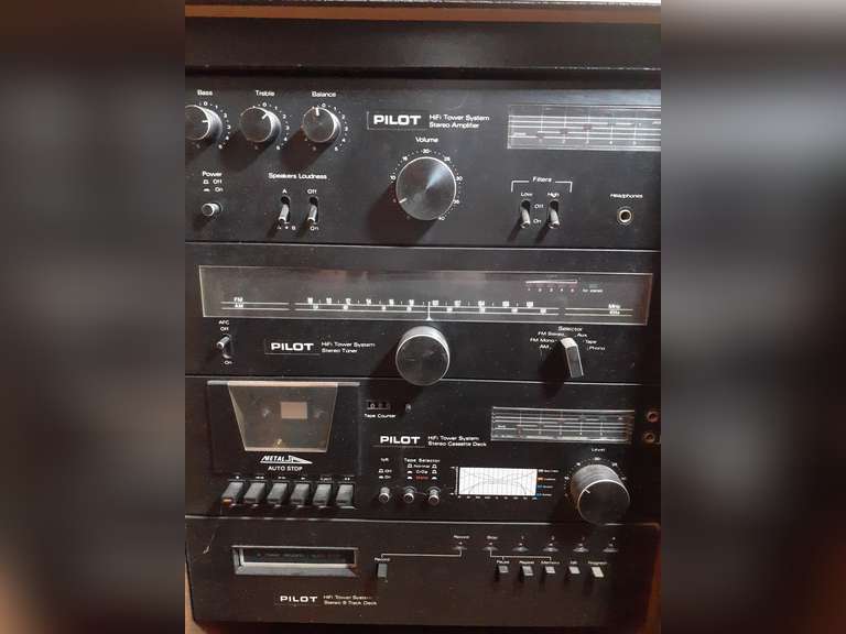 Pilot Stereo System in Glass Door Cabinet- Turntable, Radio, Cassette ...