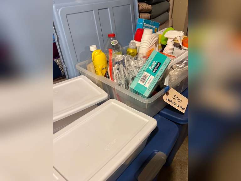 3 Totes and contents. Cleaning supplies, nitrile gloves, clear plastic ...