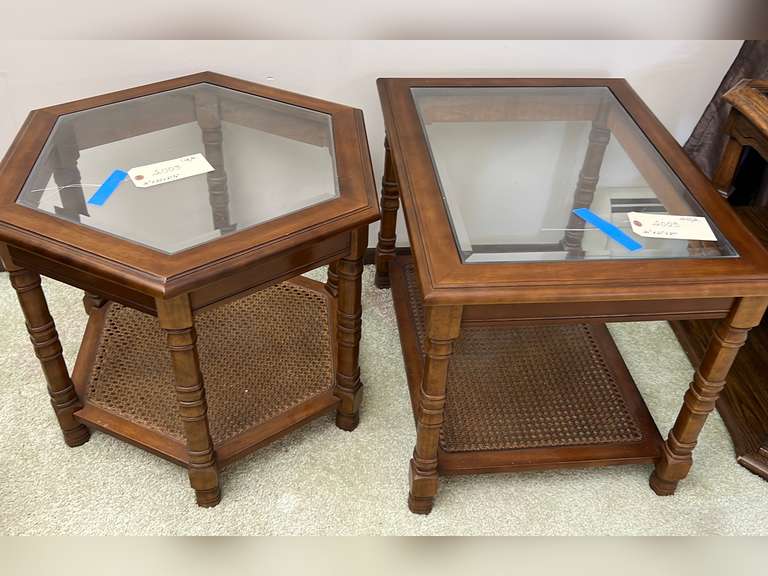 Two end tables, octagon is 21” x 24” x 27 1/2” and rectangle table is 21” x 21” x 27”