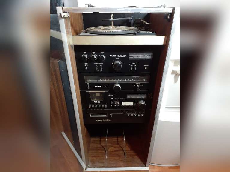 Pilot Stereo System in Glass Door Cabinet- Turntable, Radio, Cassette ...