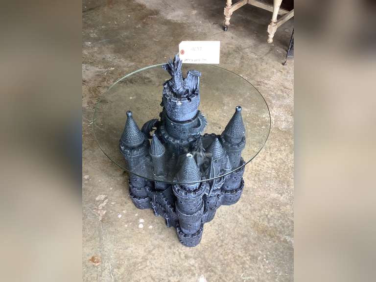 Gothic glass top table, has a crack in the glass and chipped piece on ...