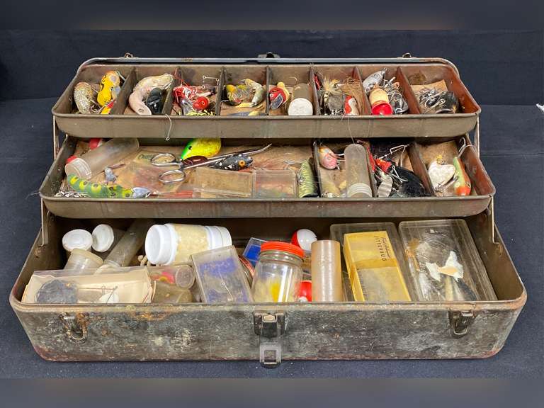 Metal tackle box, filled with vintage fishing lures and other tackle