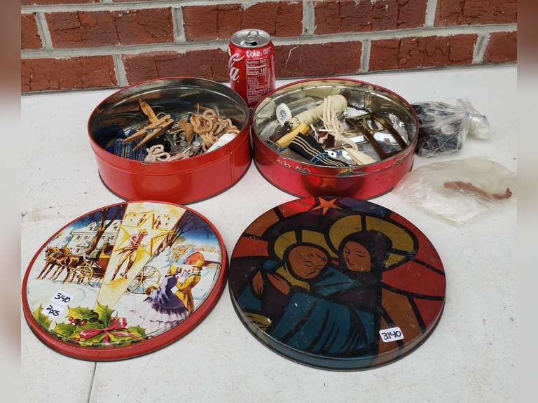 2 Round tins with misc - Northern Kentucky Auction, LLC