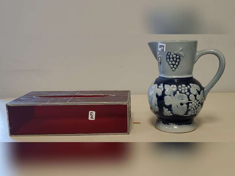 Decor Main, France, ceramic blue and grey Pitcher and red stain glass ...