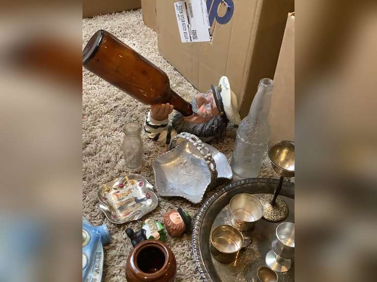 Barq's bottle, Jim Beam decanter, silvercraft tray, goblets, Sterling ...