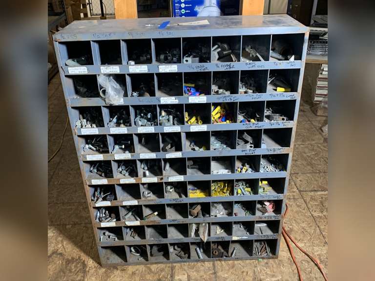 Metal bin filled with bolts, nuts, & electrical connectors, 34 x 12 x ...