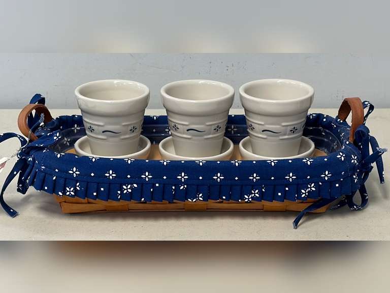 Longaberger Pottery Woven Traditions Blue Flower Pot and Basket