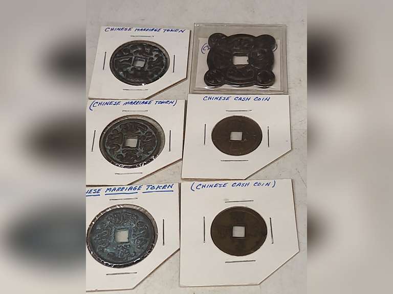 (4) Chinese Marriage Tokens & (2) Chinese Cash Tokens