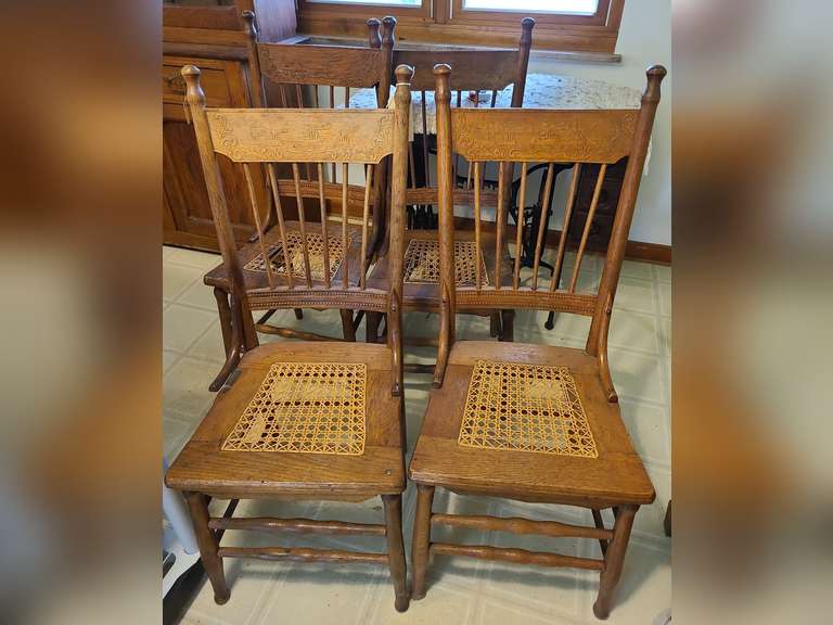 Set of 4 Admiral Dewey pressed back oak cane seat dining chairs