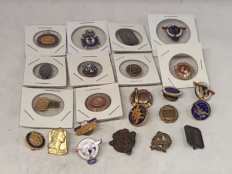 Group of Older Post & Pinback Metal Adv, Employee, Year Pins and Post ...