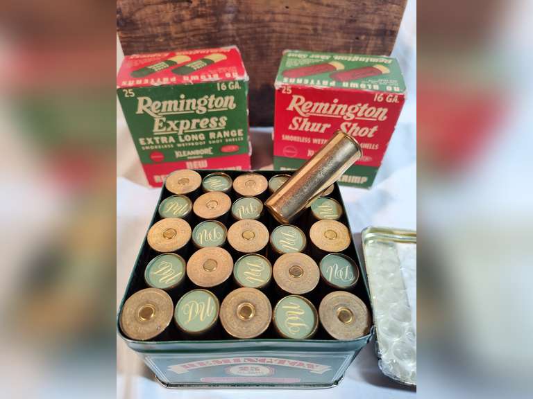 Three full boxes of shotgun shells - two old vintage 16 gauge, both ...