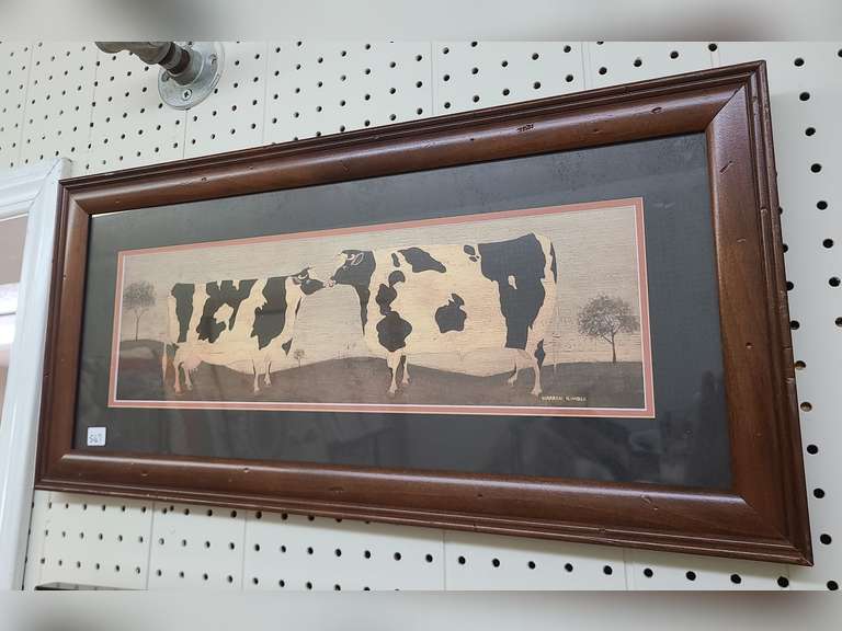 Framed Warren Kimble Folk Art Cow print - 25x12in