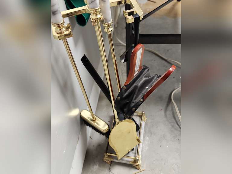 Brass & marble fireplace tool set