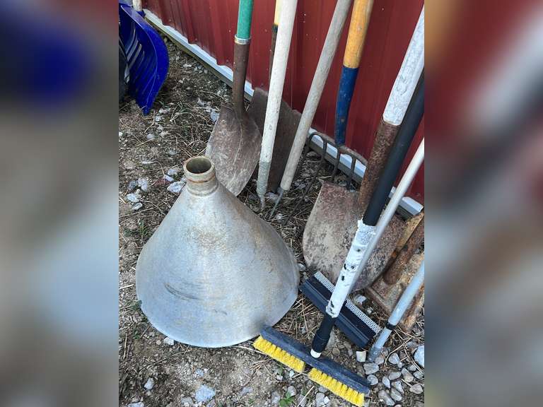 2 Spade shovels, aluminum funnel, flat head shovel, hoe, pitch fork ...