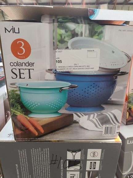 2 - Henckels 3 piece Capri Pan sets, MIU Colander 3 pc set, Mesa ...