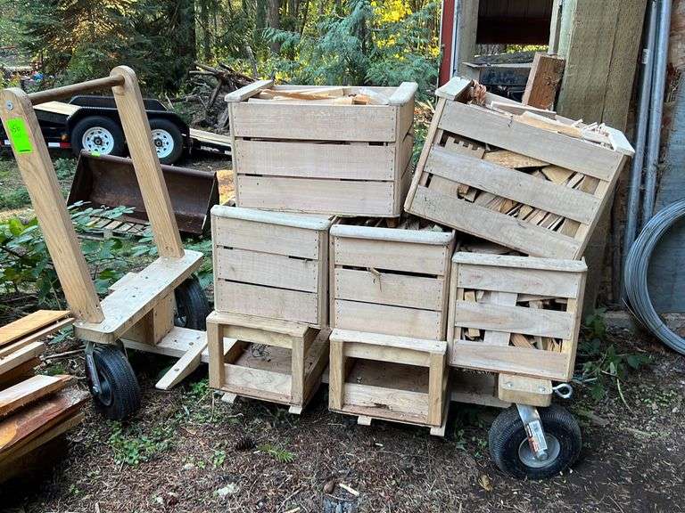 (7) Wood Crates & Roll-Around Wood Crate Cart - 26"W x 56"L - NW Asset ...